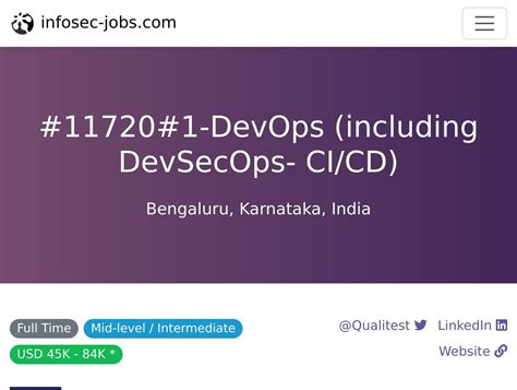 Hiring 117201 Devops Including Devsecops Cicd In Bengaluru Karnataka India Rinfosec