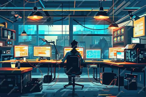 a man sitting at a desk in front of multiple computer monitors premium ai generated image