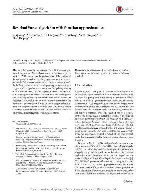 Residual Sarsa Algorithm With Function Approximation Request Pdf