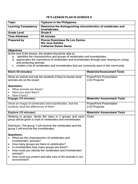 7es Lesson Plan Pdf Invertebrate Vertebral Column