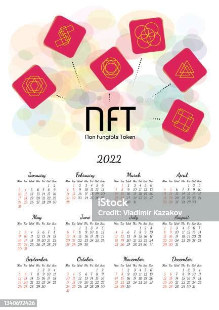 Nft 비 곰팡이 토큰 테마와 수직 연간 달력 2022 주 흰색월요일에 시작 연간 큰 벽 달력 다채로운 현대 벡터 일러스트 A4 A3 용지 크기 2022년에 대한 스톡 벡터