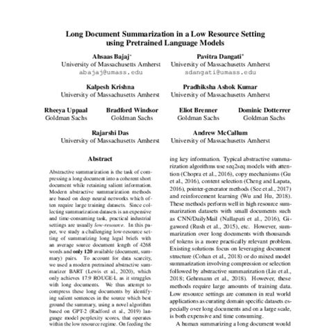 Long Document Summarization In A Low Resource Setting Using Pretrained Language Models Acl
