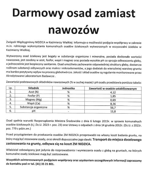 Darmowy Osad Zamiast Nawozów Rok 2024 Urząd Miasta I Gminy