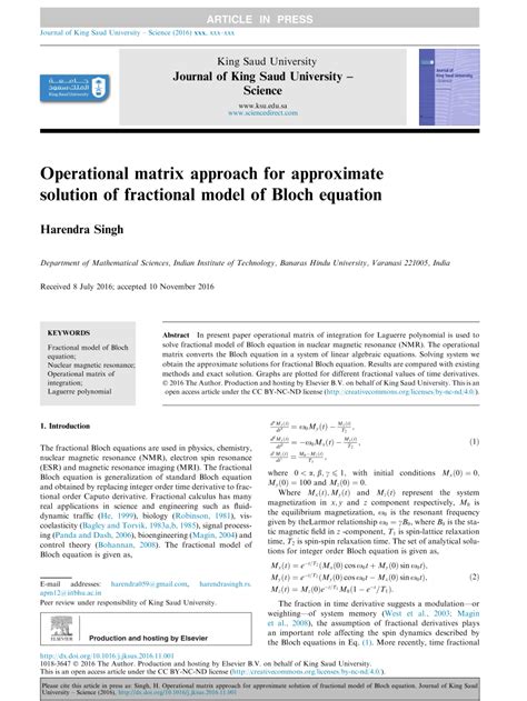 Pdf Operational Matrix Approach For Approximate Solution Of Fractional Model Of Bloch Equation