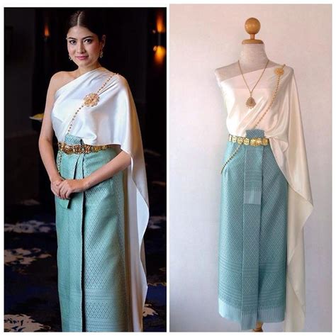 ชุดเพื่อนเจ้าสาวแบบคุณมาร์กี้ สีเดียวกันเป๊ะ ผ้านุ่งสีเขียวมินต์ สไบสีครีม สวยครบชุด เช่าชุดละ