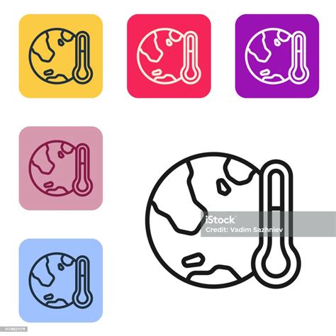 검은 선 행성 지구는 흰색 배경에 고립 지구 온난화 아이콘에 녹아 생태 학적 문제 및 솔루션 온도계 색상 정사각형 단추로 아이콘을 설정합니다 벡터 개념에 대한 스톡 벡터