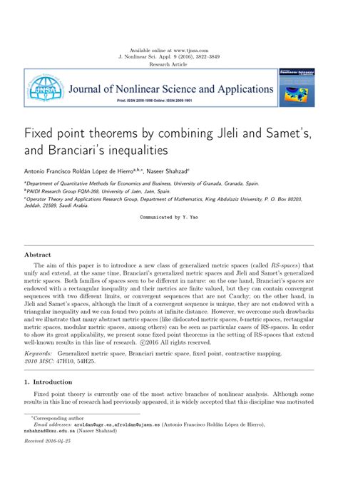 Pdf Fixed Point Theorems By Combining Jleli And Samets And Branciaris Inequalities