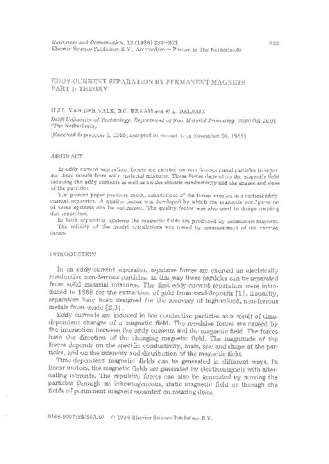 Pdf Eddy Current Separation By Permanent Magnets Part Ii Rotating Disc Separators