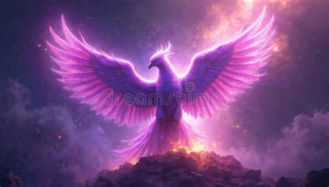 Majestic Purple Phoenix Rising From Ashes Radiant Bird Glows With