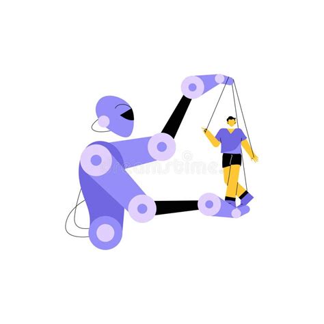 Robot Manipulating Human Puppet In Flat Vector Illustration Symbolizing