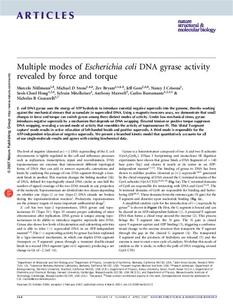 Pdf E Coli Dna Gyrase Modes Revealed By Torque