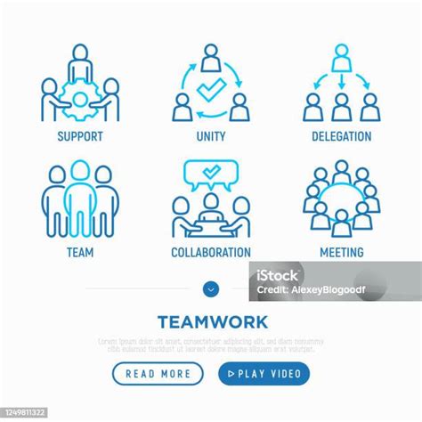 팀워크 씬 라인 아이콘 세트 회의 아이디어 공유 공동 작업 팀 통일 지원 위임 현대 벡터 일러스트레이션 아이콘에 대한 스톡 벡터