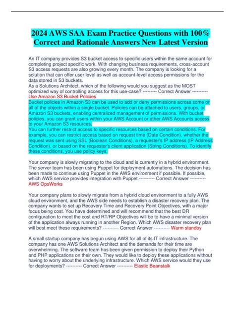 2024 Aws Saa Exam Practice Questions With 100 Correct And Rationale Answers New Latest Version