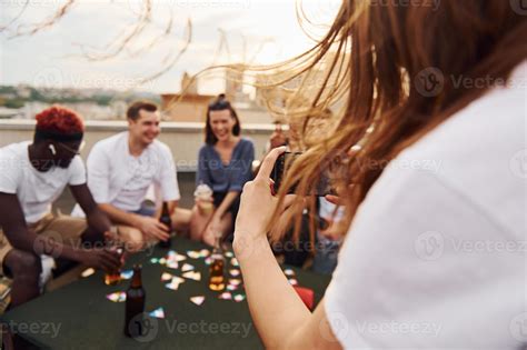 Girl Doing Photo When People Playing Card Game Group Of Young People