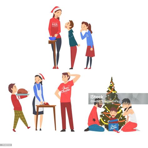 겨울 휴가를 준비하는 사람들 남자 여자와 아이 크리스마스 트리를 장식하고 맛있는 요리 벡터 일러스트 나무에 대한 스톡 벡터 아트 및 기타 이미지 Istock