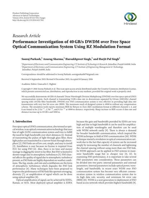 Pdf Performance Investigation Of 40 Gbs Dwdm Over Free Space Optical Communication System