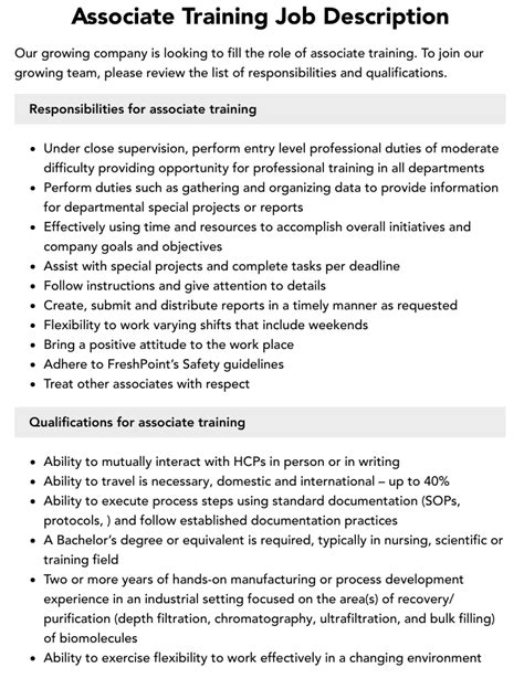 Associate Training Job Description Velvet Jobs
