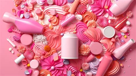분홍색 배경에 패턴으로 배열된 화장품의 화려한 3d 그림 화장 배경 화려 배경 홍색 배경 이미지 Hd 화장 화려 홍색 배경 사진 무료 다운로드 Lovepik