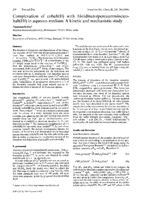 Pdf Complexation Of Cobalt Ii With Histidinato Pentaammine Cobalt Iii In Aqueous Medium A