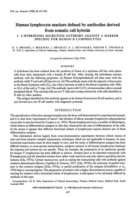 Human Lymphocyte Markers Defined By Antibodies Derived From Somatic Cell Hybrids I A Hybridoma