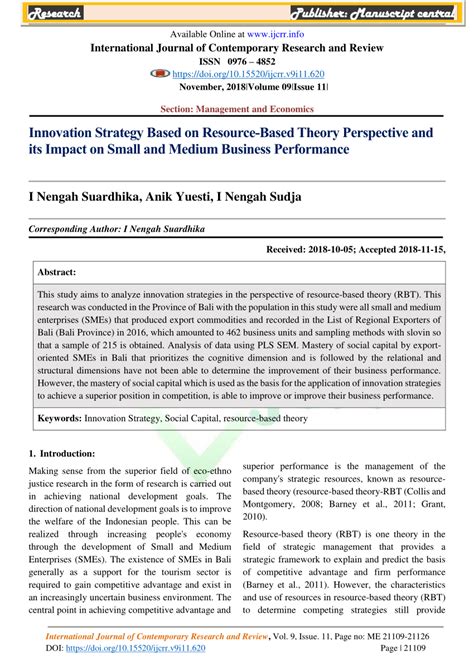 Pdf Innovation Strategy Based On Resource Based Theory Perspective And Its Impact On Small And
