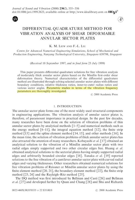 Pdf Differential Quadrature Method For Vibration Analysis Of Shear Deformable Annular Sector