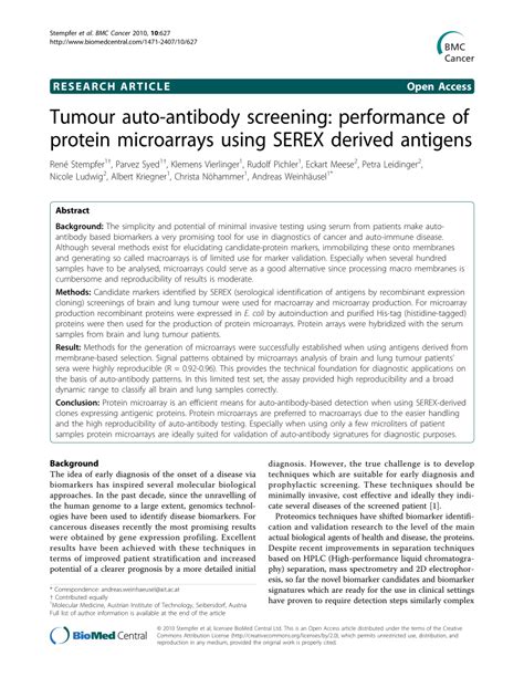 Pdf Tumour Auto Antibody Screening Performance Of Protein