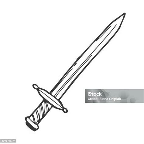 낙서 스타일에 그려진 손잡이가있는 칼 손으로 윤곽 그리기 차가운 강철 단검흑백 이미지 벡터 일러스트레이션 검에 대한 스톡 벡터 아트 및 기타 이미지 Istock