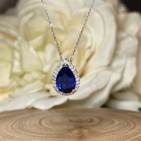 Blue Sapphire And Moissanite Halo Pendant Necklace Diamond Halo Pear