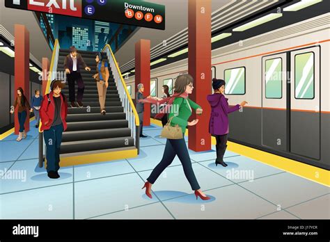 A Vector Illustration Of Travelers At Subway Station Stock Vector Image And Art Alamy