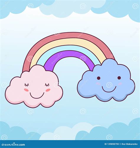 Cute Clouds Smile Face And Rainbow In Clear Blue Sky Stock Vector