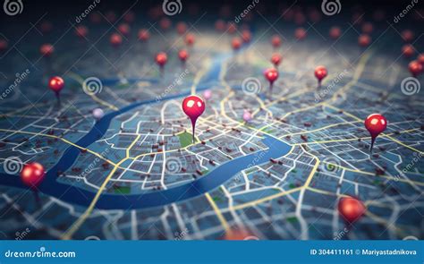 red geolocation marker on the map in 3d style navigation system stock