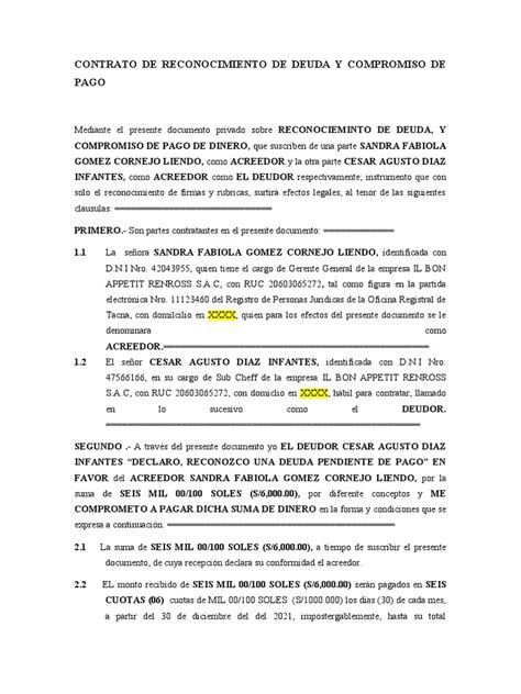 Contrato De Reconocimiento De Deuda Y Compromiso De Pago Atilio Pdf