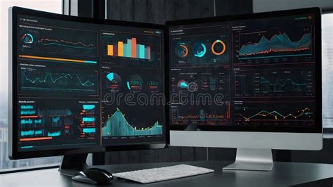 Data Analysis Dashboard With Complex Visualizations Displayed On Dual Monitors In An Office