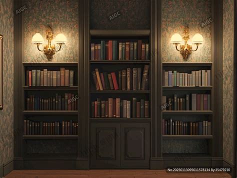 Ai创作图古典图书室 英式书房 书橱背景素材 法式书架 西式书柜 深色书柜 欧式书架 发光的书柜 简欧书柜 美式书柜 宫廷书柜 欧式书房场景图