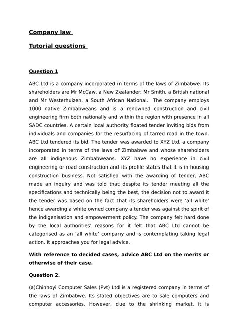 Company Law Tutorial Questions 2022 Company Law Tutorial Questions Question 1 Abc Ltd Is A