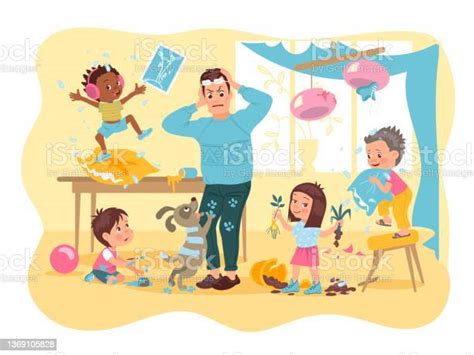 화가 장난 꾸러기 아이들과 아빠를 강조했다 파괴적인 어린이 활동 방 엉망 나쁜 행동 친구 과잉 행동 아기를 깨고 집을 망치고 피젯이 파괴됩니다 벡터 개념 개에 대한 스톡