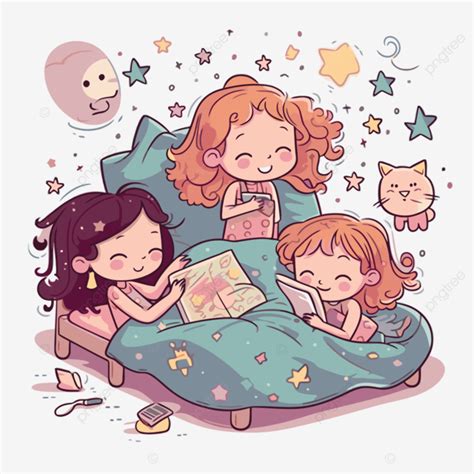 파자마 파티 벡터 스티커 클립 아트 두 꼬마 소녀와 한 고양이 침대에서 책을 읽고 만화 상표 클립 아트 Png 일러스트 및 벡터 에 대한 무료 다운로드 Pngtree
