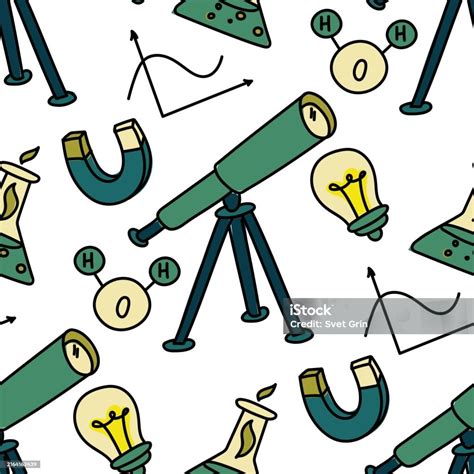 자연 과학 분야의 배지가 있는 완벽한 패턴 화학 생물학 물리학 다양한 실험을 보여주는 실험실 유리 제품 전구 망원경 자석 수식 Championship에 대한 스톡 벡터 아트