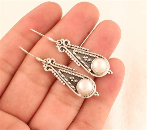Sterling Silver Pearl Dangle Earrings Engraved Boho Jewelry Etsy