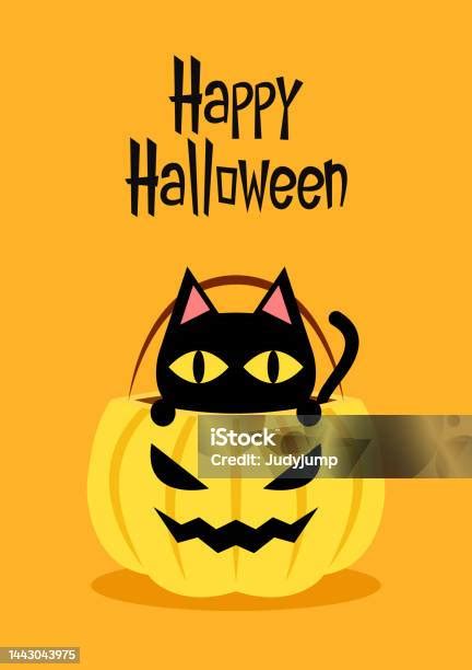 귀여운 검은 고양이와 호박 머리가 있는 행복한 할로윈 파티 인사말 카드 휴일 만화 캐릭터입니다 과자 안 주면 장난칠 거예요 할로윈 재미있는 만화입니다 감정에 대한 스톡 벡터