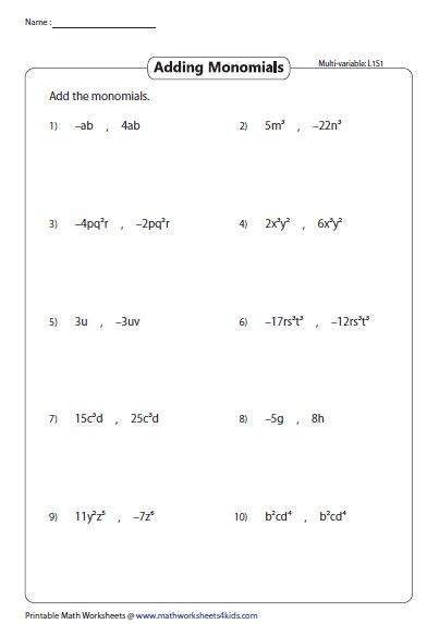 Adding Two Monomials Multivariable Word Problem Worksheets Algebra Subtraction Worksheets