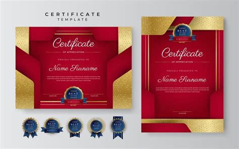 인증서 템플릿 금색과 빨간색 금색 배지가 있는 깨끗한 현대 인증서 고급스럽고 현대적인 라인 패턴이 있는 인증서 테두리 템플릿 졸업장 벡터 템플릿 프리미엄 벡터