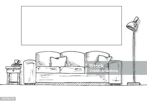 인테리어의 선형 밑그림입니다 객실의 일부입니다 프레임 피팅 귀하의 정보에 대 한 벽에 손으로 그린 스케치 스타일의 벡터 일러스트 레이 션 3차원 형태에 대한 스톡 벡터 아트