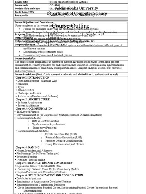 Course Outline Addis Ababa University Department Of Computer Science Pdf Distributed