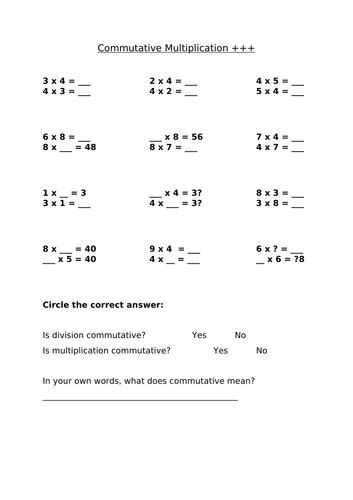 Commutative Multiplication Differentiated Worksheet Teaching Resources