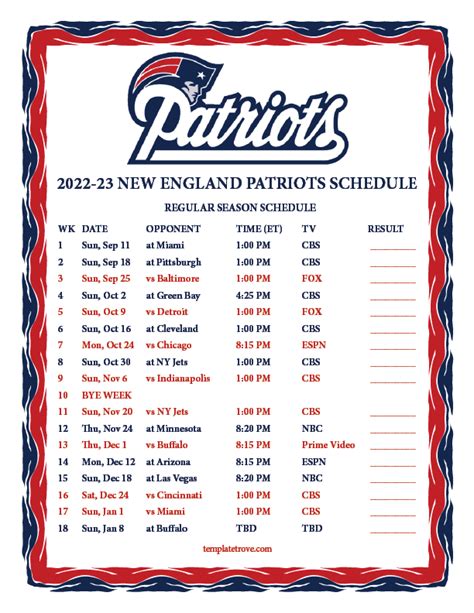Patriots Printable Schedule 2023 24