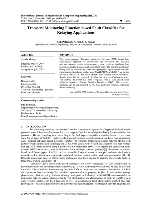 Pdf Transient Monitoring Function Based Fault Classifier For Relaying