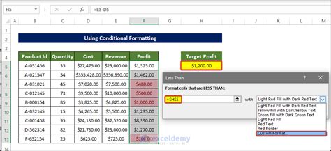 how to highlight cell if value is less than another cell in excel