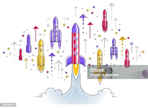 시동 로켓 이륙 우주 로켓 비행 사업 개념 벡터 일러스트 레이 션을 시작 합니다 Launch Party에 대한 스톡 벡터 아트 및 기타 이미지 Launch Party